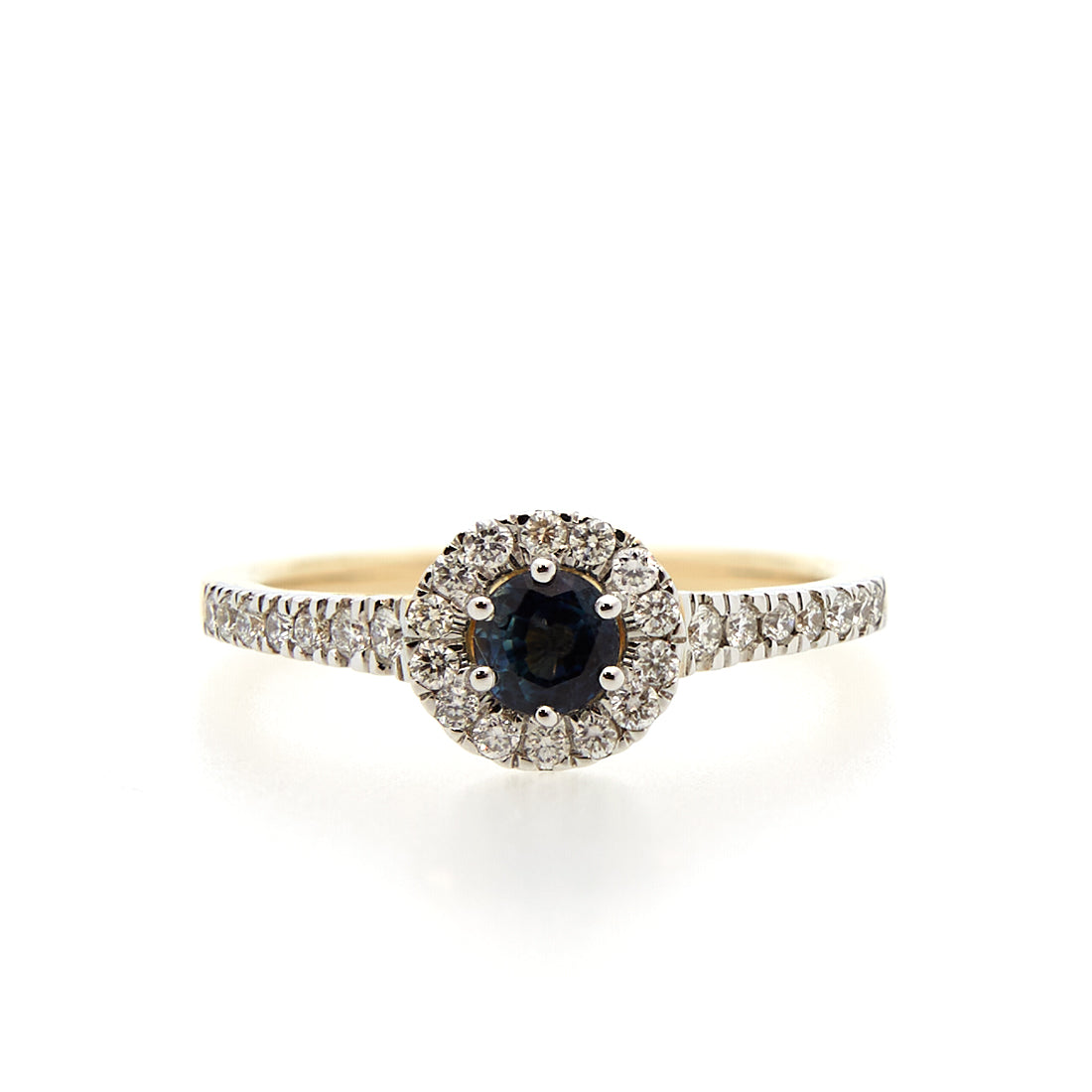 Geelgouden entourage ring met saffier en diamant